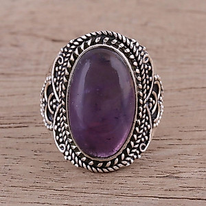 NOVICA Artisan Handmade Amethyst Cocktail Ring Sterling Silver from India Purple Birthstone [crownbezel 0.9 in L x 0.7 in W x 0.3 in H Band Width 3 mm W] ' Twilight Cascade'