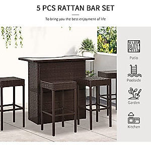 Outsunny 5 Pcs Rattan Wicker Bar Set with Glass Top Table and 2 Tier Storage Shelf, 1 Table and 4 Bar Stools for Outdoor, Patio, Garden, Poolside