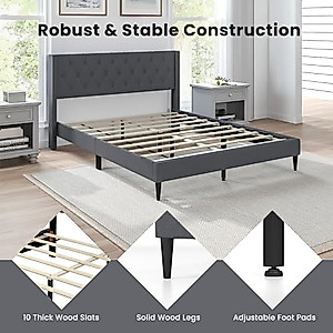 GORELAX Upholstered Queen Bed Frame, Mattress Foundation w/Button Tufted Headboard, Wood Slat Support No Box Spring Needed, Easy Assembly, Low Platform Bed Frame (Grey, Queen)