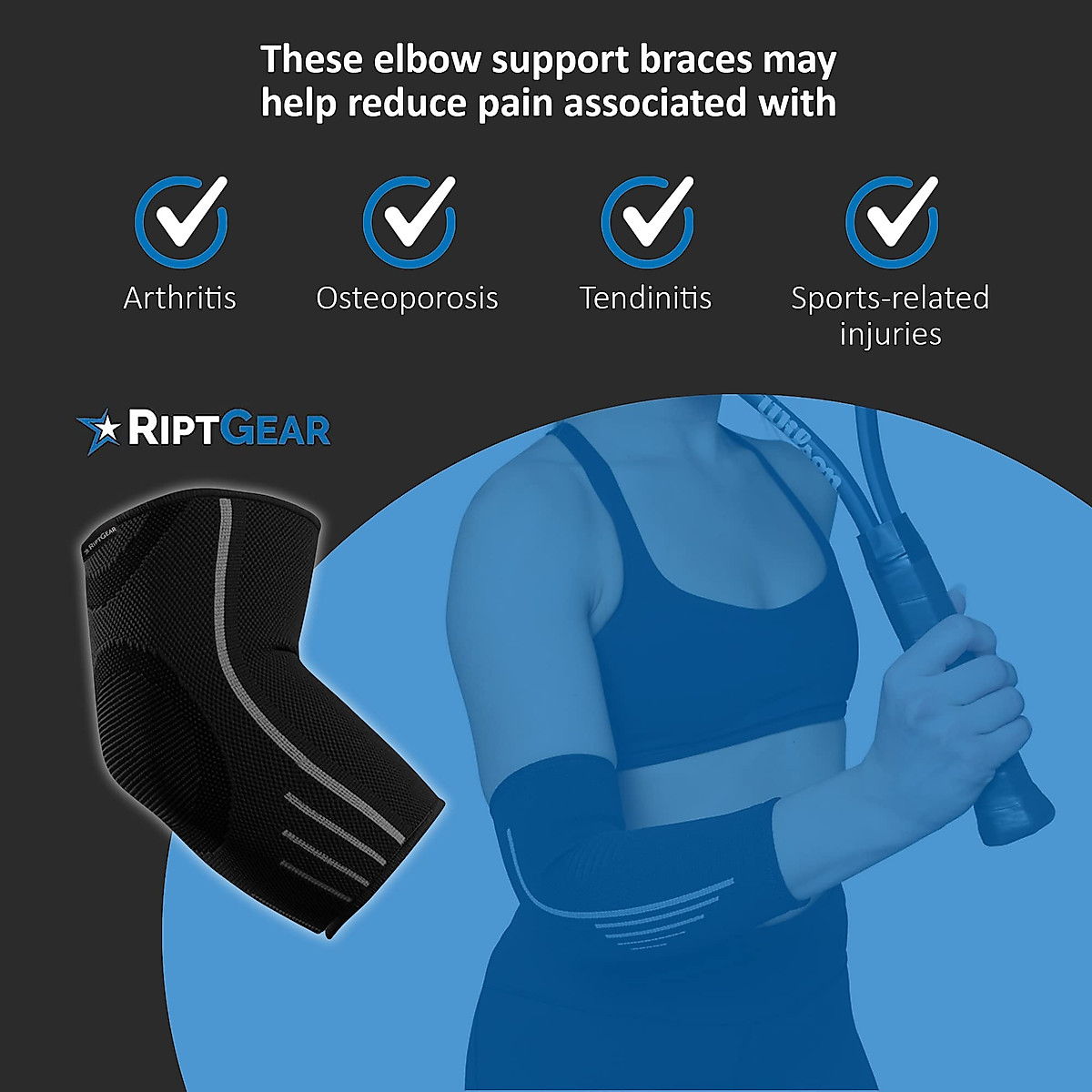 RiptGear Elbow Compression Sleeve - Elbow Brace for Men and Women - Sleeve for Tendonitis, Tennis Elbow, Golfers Elbow, Bursitis, Support Treatment for Joint Pain (Medium, Black (1 Pack))