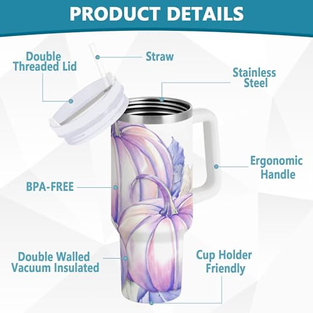 ODAWA 40oz Pastel Pumpkin Insulated Tumbler Cup with Straw and Handle, Vacuum Insulated Tumbler