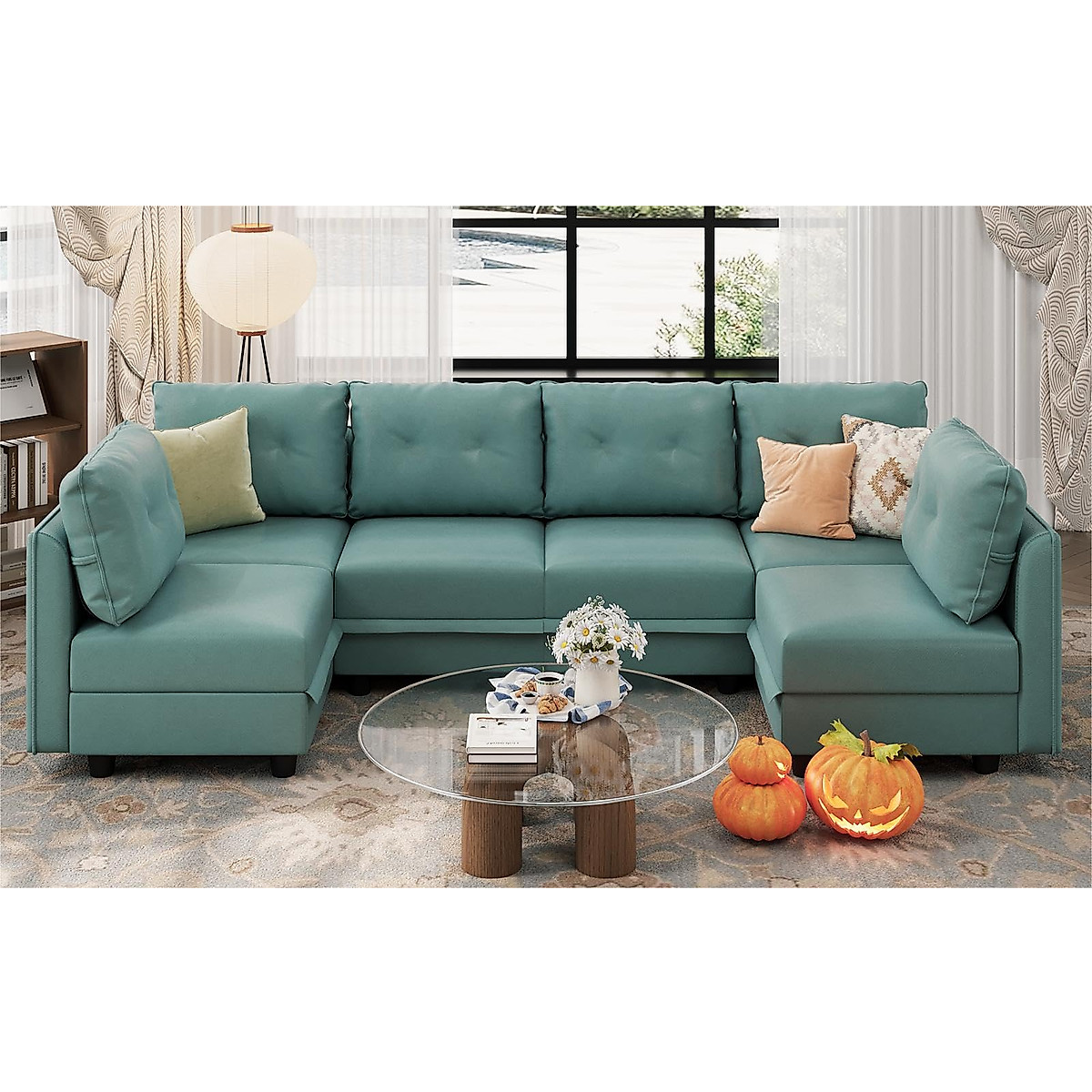 LLappuil Modular Sectional Sofa, Convertible U Shaped Sectional Couch with Storage, Modular Sectionals for Living Room, Faux Leather Fabric Waterproof Sofa, 6 Seat, Aqua Blue