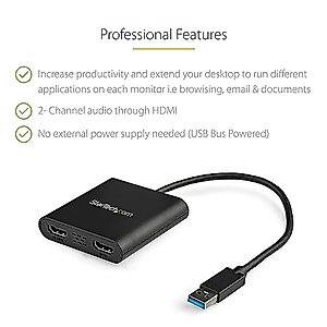 StarTech.com USB 3.0 to Dual HDMI Adapter - 1x 4K 30Hz & 1x 1080p - External Video & Graphics Card - USB Type-A to HDMI Dual Monitor Display Adapter - Supports Windows Only - Black (USB32HD2)