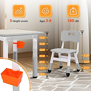 JOYMOR Height-Adjustable Kids Table and 2 Chairs Set, Toddler Table and Chair Set for Kids 2-8 Suitable for Crafts and Study, 2 Pen Boxes, Graffiti Tabletop, Anti-Slip Chair Legs (Light Grey)