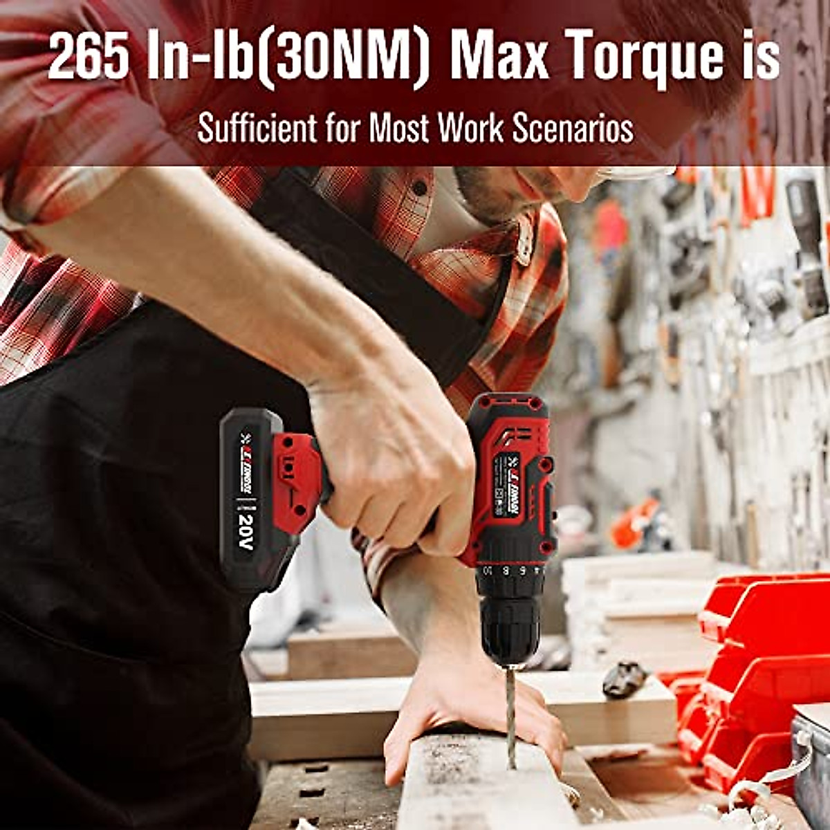 KEYFINOOL 20V Lithium-Ion Cordless Drill Set, 18+1 Power Drill Kit With 2.0Ah Battery & 1H Fast Charger, 2-Variable Speeds, 265 In-lbs Torque Power, LED Light, 22pcs Driver/Drill Bits