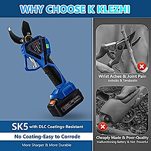 K KLEZHI Cordless Electric Pruning Shears with Colorful LED Dispaly,Cut capacity of 32mm / 1.26inches, 2 x 2 Ah Lithium Rechargeable Battery 8-10 Working Hours Blue