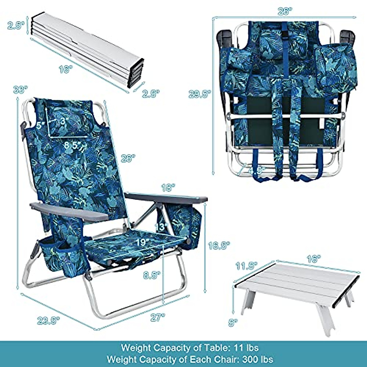 GYMAX Beach Chairs, 2Pcs Backpack Beach Chairs with Table, Tanning Lounge Chair with Armrest, Cooler Bag, Cup Holder, Towel Bar & Side Pockets, Folding Lounger Layout Chairs (Blue Leaves, with Table)