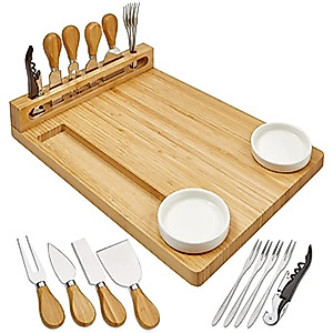 Charcuterie Board Set - Bamboo Cheese Board with Knife Set, Wine Opener, Ceramic Bowls & Forks - Removable Magnetic Utensils Holder for Easy Cleaning - Gifts for Housewarming, Weddings & Anniversaries