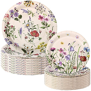 Mumufy 100 Pack Wild Floral Paper Plates Wild Flower Dinner Plates and Watercolor Floral Dessert Plates Tea Party Plates for Wedding Birthday Party Baby Shower Bridal Shower Supplies(Wild Floral)