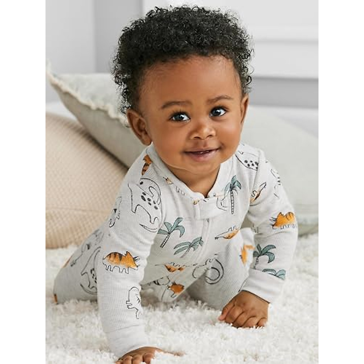 Simple Joys by Carter's Baby Boys' 2-Way Zip Thermal Footed Sleep and Play, Pack of 2, Dusty Blue Bear/Ivory Dinosaur, 3-6 Months