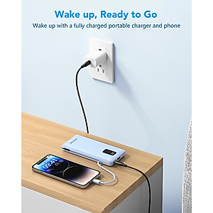 Charmast Portable Charger with Built-in Cables and AC Wall Plug, 10000mAh Ultra Slim Power Bank, External Battery Pack, Travel Accessories Compatible with iPhone 14/13, Samsung Galaxy, etc