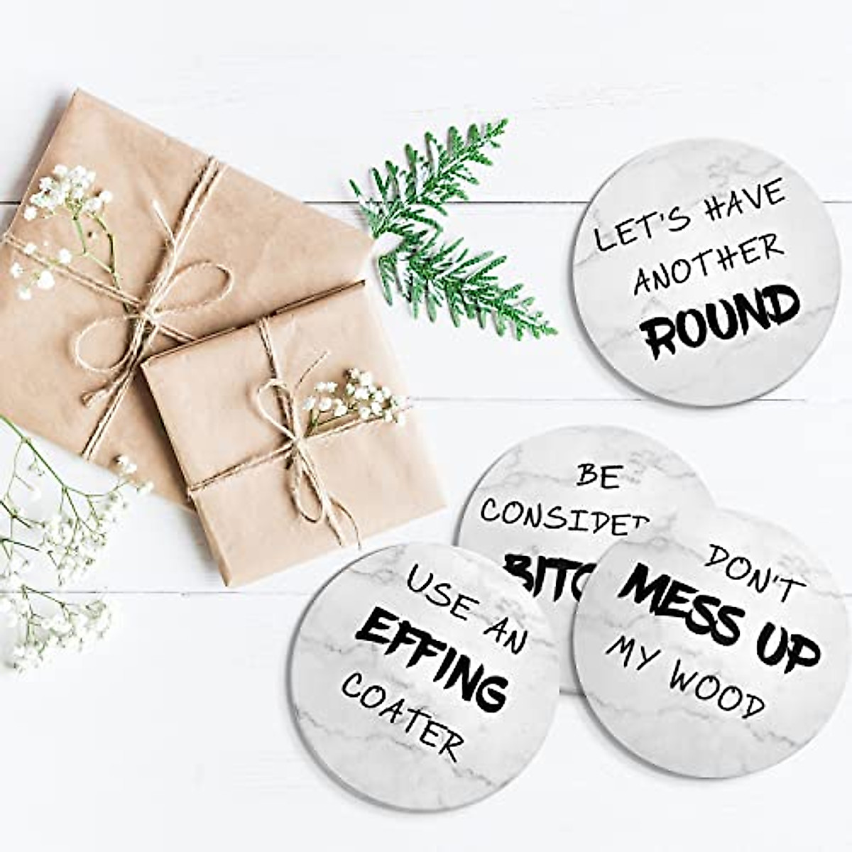 AODAYS Coasters for Drinks with Holder, White Marble-Style Absorbent Round Ceramic Drink Coaster, Bar Coaster with 6 Sayings, Set of 6 with Cork Base (Funny)
