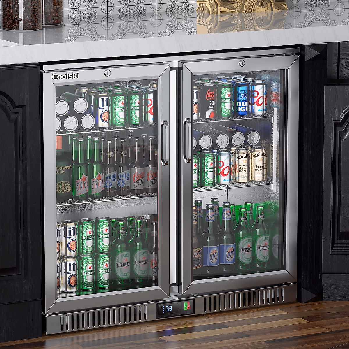 Coolski Back Bar Cooler Counter Height Beverage Refrigerator with 2 Glass Doors, Commercial Undercounter Display Fridge for Beer Soda Wine, 7.4 Cu.Ft. Capacity/LED Lighting/ETL NSF Approved