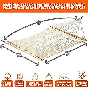 Castaway Living 13 ft. Double Traditional Hand Woven Cotton Rope Hammock with Free Extension Chains & Tree Hooks, Designed in The USA, Accommodates Two People with a Weight Capacity of 450 lbs.