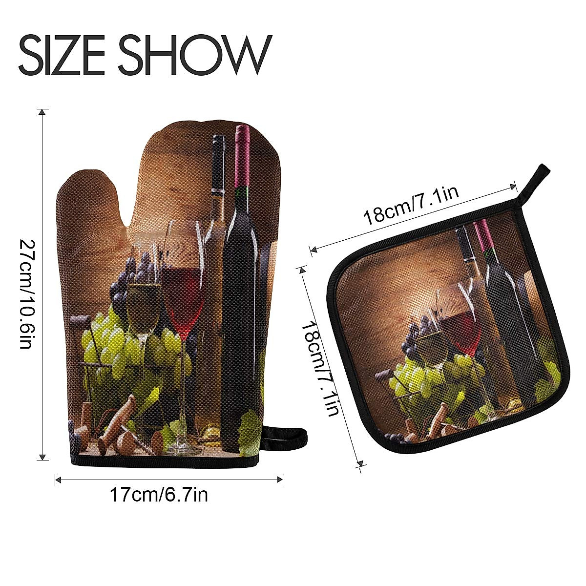 Vintage Red White Wine Grapes Wooden Oven Mitts Quilted Cotton Lining Potholders BBQ Gloves-Oven Mitts and Pot Holders Heat Resistant Kitchen Gloves Safe Mats for Baking Cooking