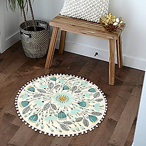 Uphome Small Round Rug 2’ Circle Cute Bath Mat with Pom Poms Fringe Floral Plant Washable Bathroom Rugs Soft Non-Slip Circular Throw Rug Carpet for Shower Sink Powder Room Nursery Bedroom Table