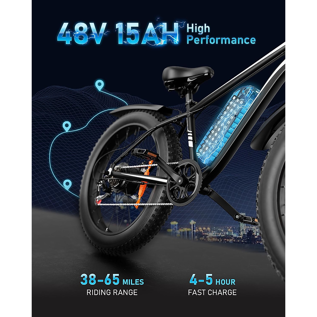 AMYET EB26 Electric Bike for Adults Peak 1500W Electric Bicycle 48V 15AH (720WH) Battery Electric Bike 26" Fat Tire Mountain 28mph 7 Speed Gears Dual Shock Absorber Ebike (Black)