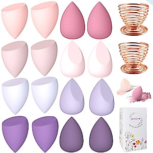 BETISTME Makeup Sponge Blender for Blending Foundations Face Sponge Cosmetics Sponge Pink Purple Gift Package 16 sponges & 2 holders