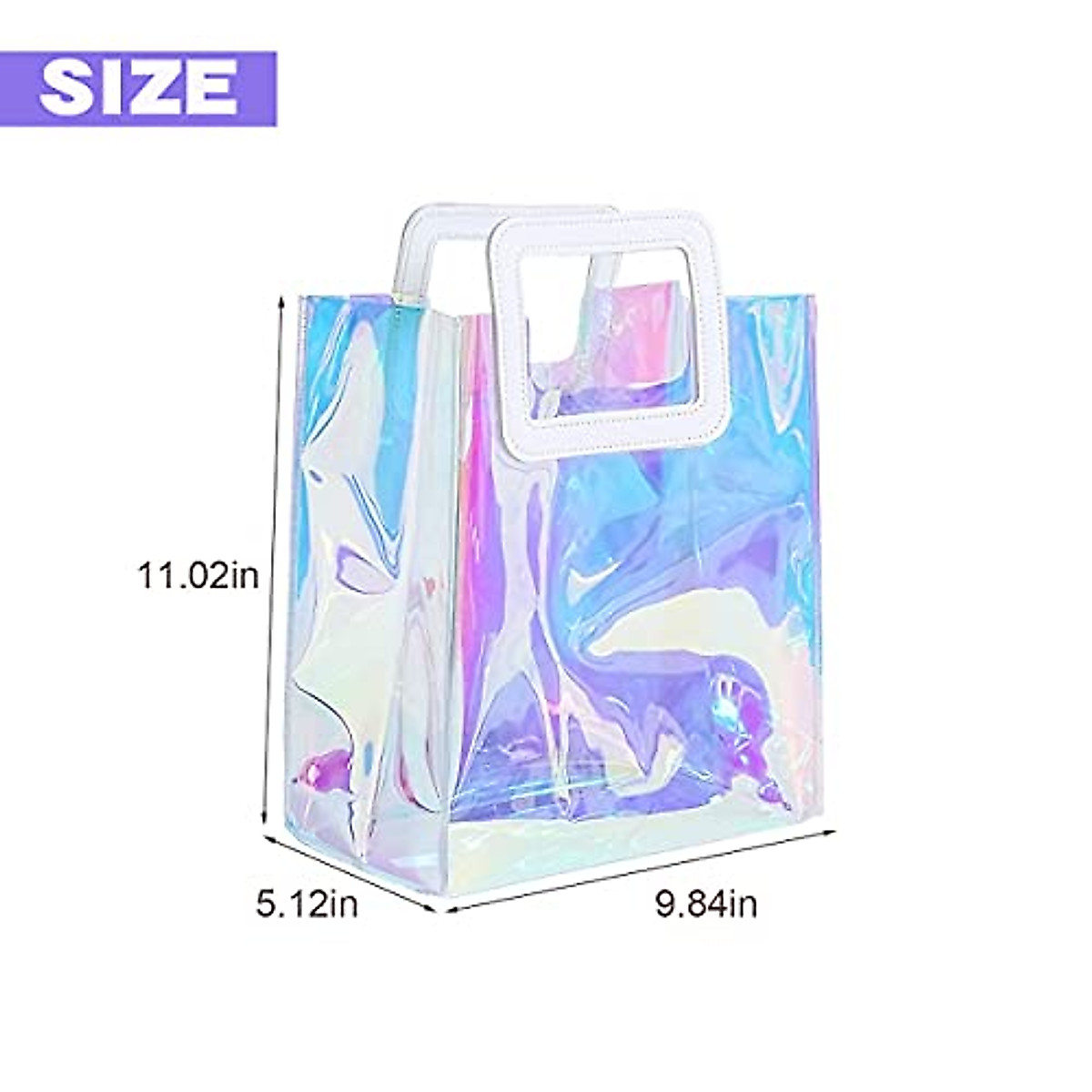 R-LOMU 5pcs Clear Iridescent Reusable Gift Bag 11 x 9.8 x 5.1 Inches Holographic Large Handbag Gift Wrap Bags Pvc with Handle for Party,Birthday,Christmas,Travel, Festival,Wedding, Shopping