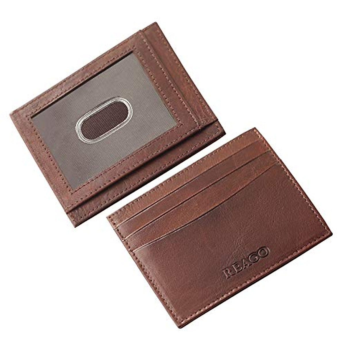 REAGO Handcrafted Front Pocket Small Slim RFID Crumpled Leather Wallet for Men Women, Credit Card Holder, Strong Stitching, Slip Pocket, ID Window, Minimalist Design, Chemical Free, Ideal Gift