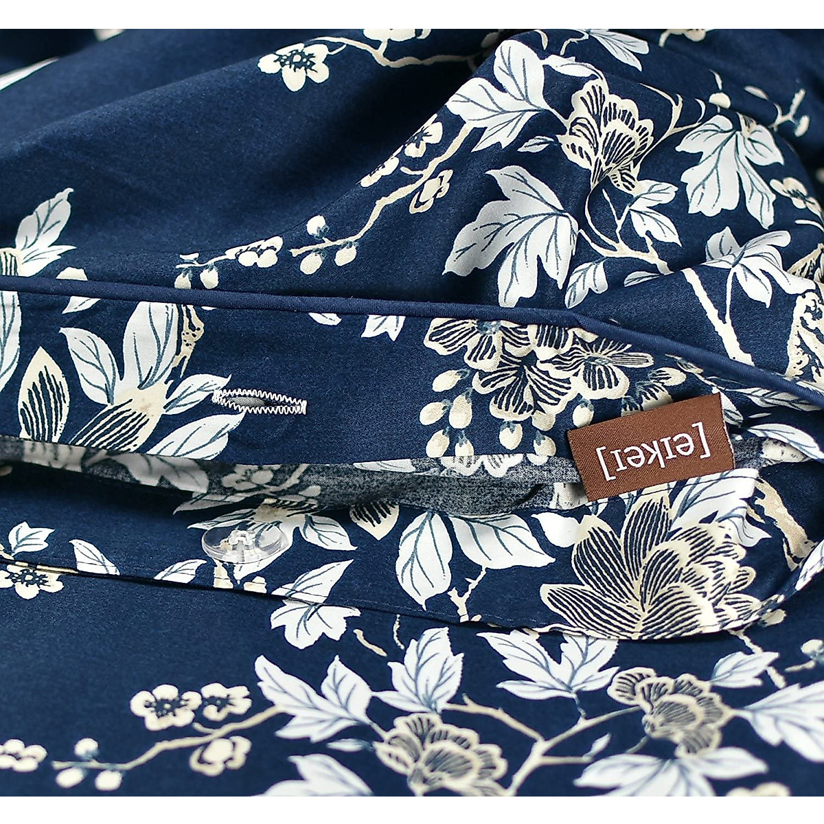 Eastern Floral Chinoiserie Blossom Print Duvet Quilt Cover Navy Blue Tan White Asian Style Botanical Tree Branches Ornamental Drawing 400TC Egyptian Cotton Bedding Set (Navy, Super King)