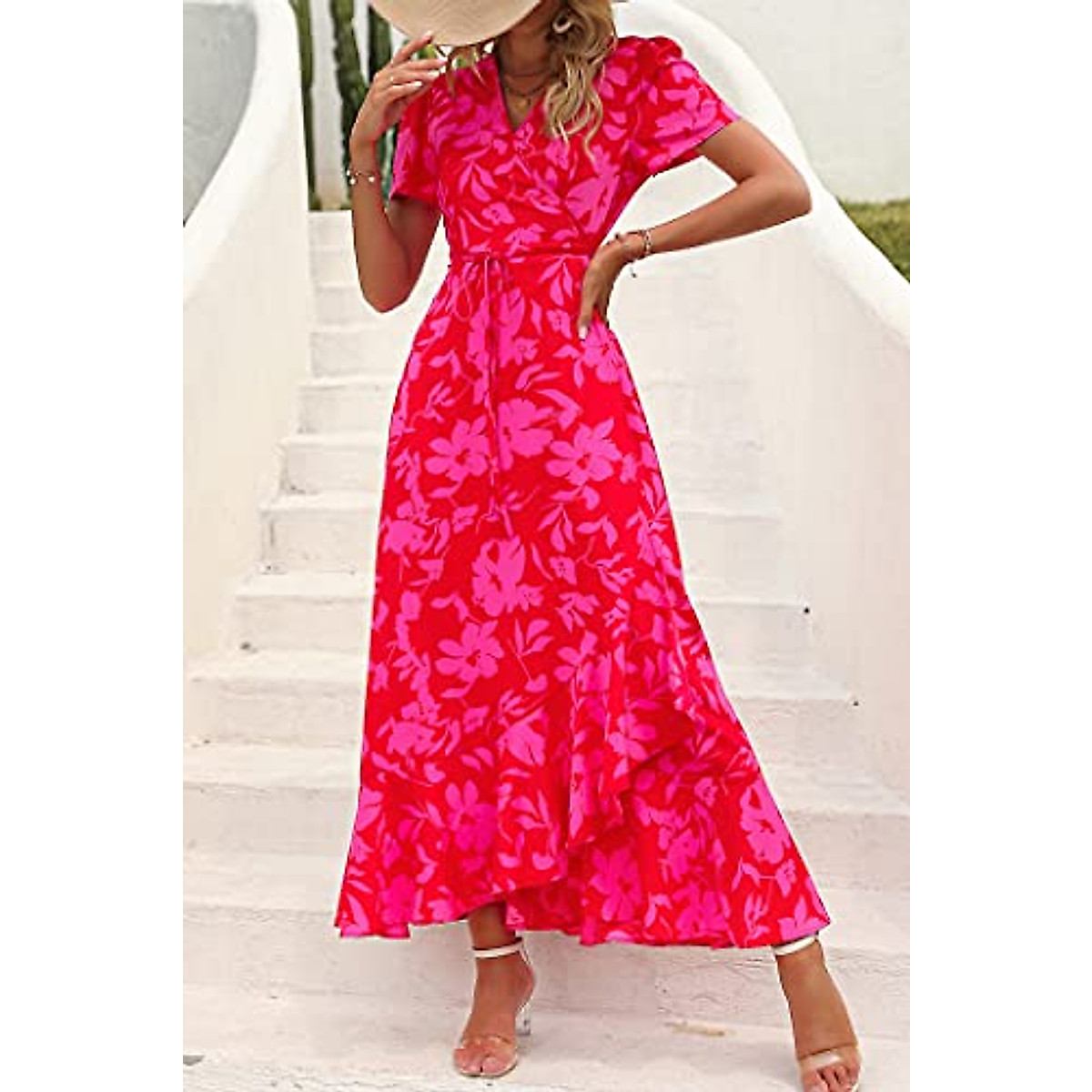 PRETTYGARDEN Women's Summer Wrap Maxi Dress Casual Boho Floral V Neck Short Sleeve Ruffle Hem Split Beach Long Dresses (Red Floral,X-Large)