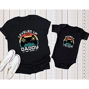 Personalized Leveled Up To Daddy Matching Dad & Son Shirts, Father And Baby Gaming Matching Shirts, Dad And Baby Father's Day Shirt Onesie, Father Son Daughter Matching Shirts Set