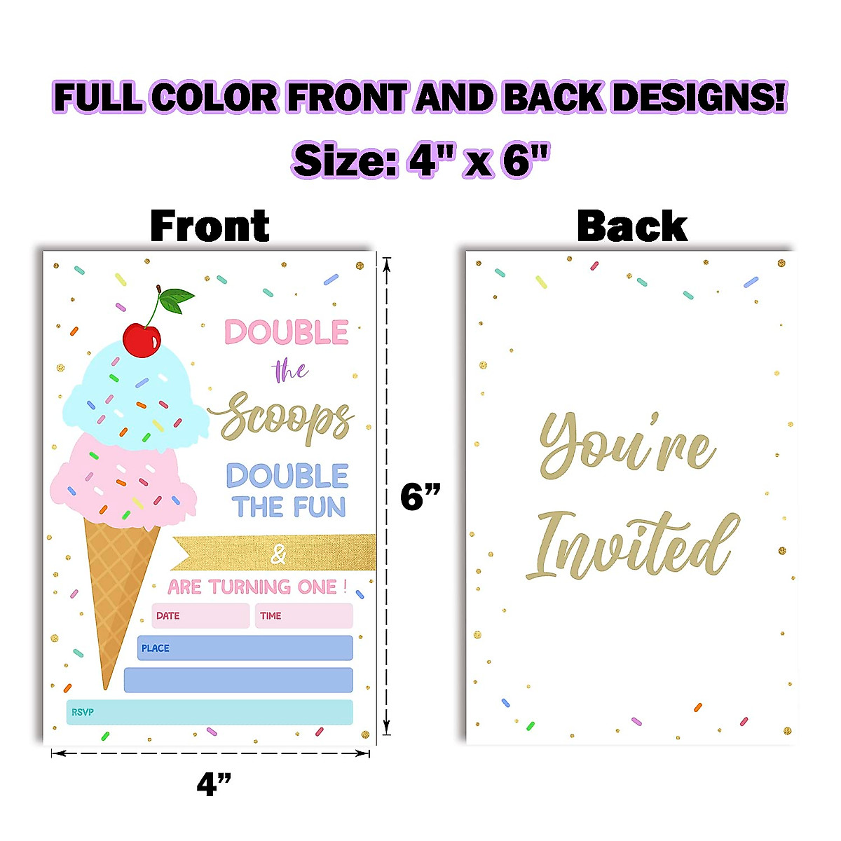 Ice Cream Birthday Party Invitations, Double the Scoops Double the Fun Twin Babies 1st Birthday Party Invitation, Summer Ice Cream Theme, Birthday Party Supplies, 20 Invitations with Envelopes - JY691