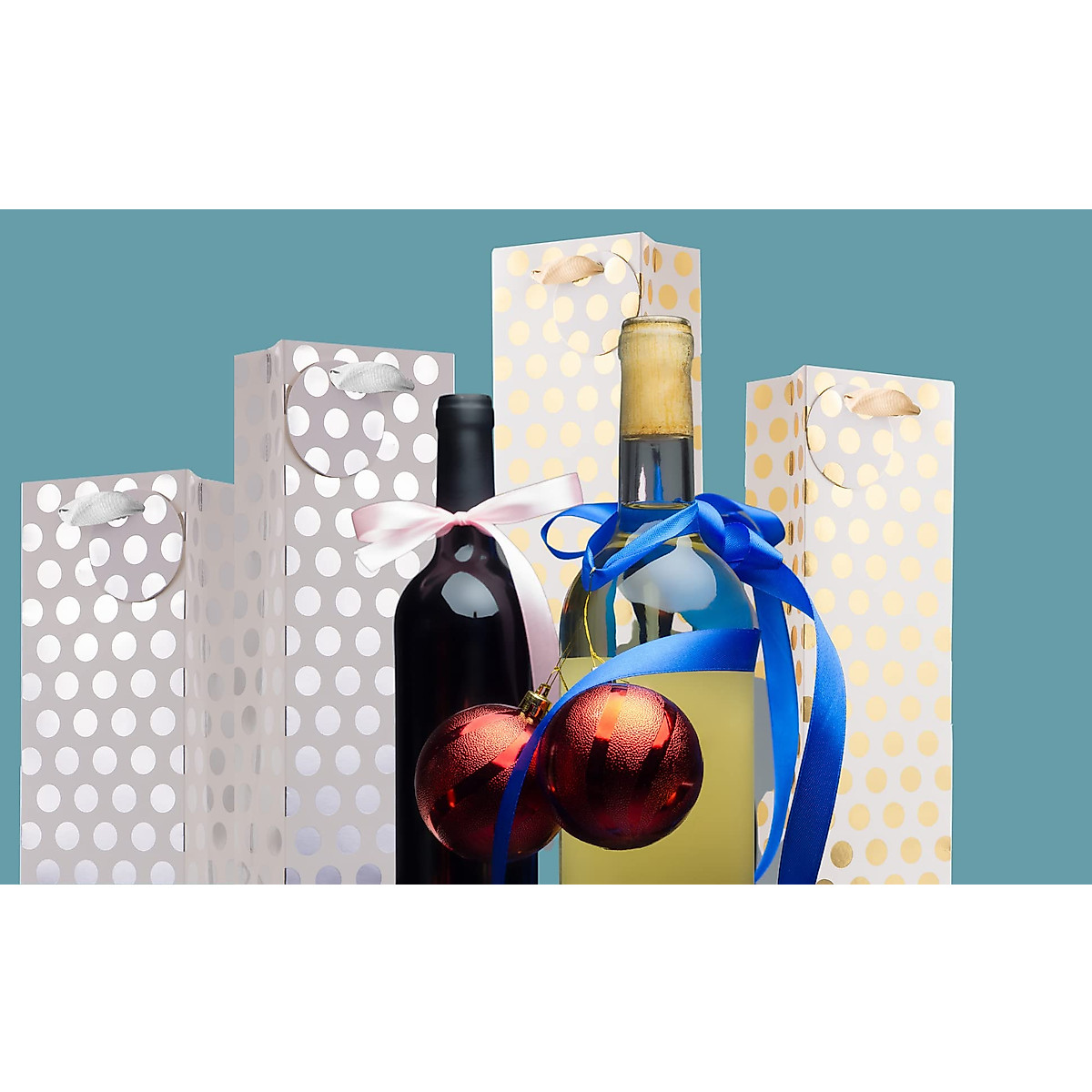 UNIQOOO 12Pcs Premium Quality Gold & Silver Metallic Foil Polka Dots Wine Gift Bag Bulk, w/Gift Massage Tag,100% Recyclable Paper,14"x4.75"x3.5" Wine Carrier Bags Tote Gift Bags, Party Gift Wrapping