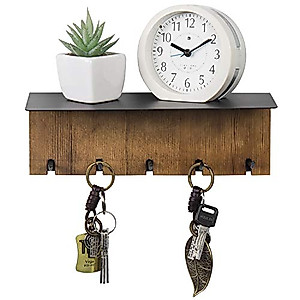 MyGift Entryway Shelf Rack with 5 Key Hooks, Wall-Mounted Burnt Solid Wood and Matte Black Decorative Shelf