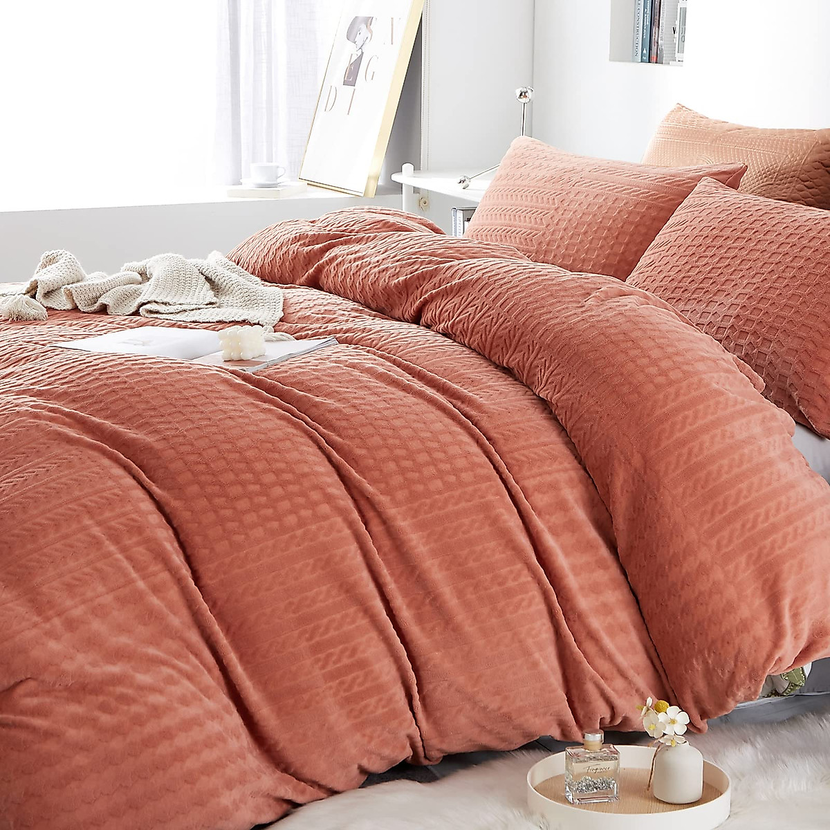 MorroMorn Queen Duvet Cover Set, 3 PCS Boho Queen Bedding Sets Luxury Plush 3D Embossed - 1 Fluffy Comforter Cover 2 Pillowcases, Soft Blanket Blush Pink Orange (Rust Terracotta, Full/Queen)