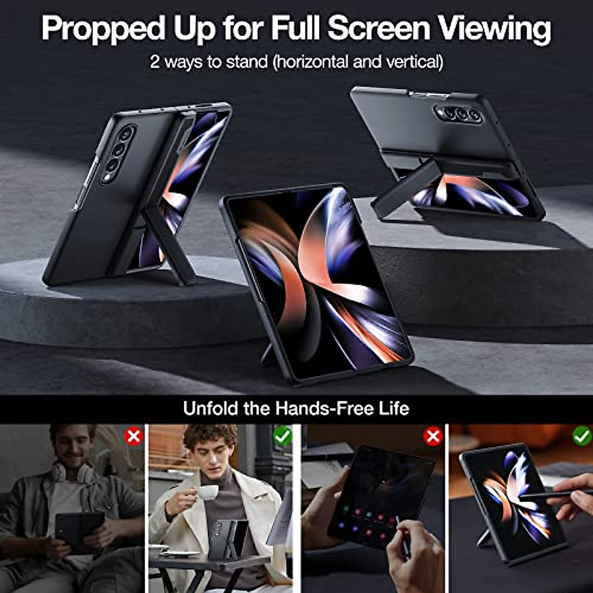 TORRAS Armor Stand Galaxy Z Fold 4 Case, [MIL-Grade Hinge Protection] [Invisible Kickstand for Full Screen Viewing], Matte Hard Case Slim Protective Designed for Samsung Galaxy Z Fold 4 Case Black