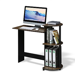 Furinno Compact Computer Desk with Shelves, Round Side, Columbia Walnut/Black