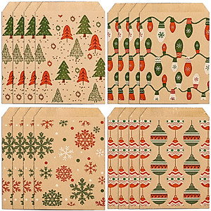 Whaline 120 Pack Christmas Kraft Treat Bags Xmas Tree Snowflake Bulb Light Prints Goodies Snack Gift Bags Red Green Candy Buffet Paper Bags for Christmas Holiday Party Favor Supplies, 4 Designs