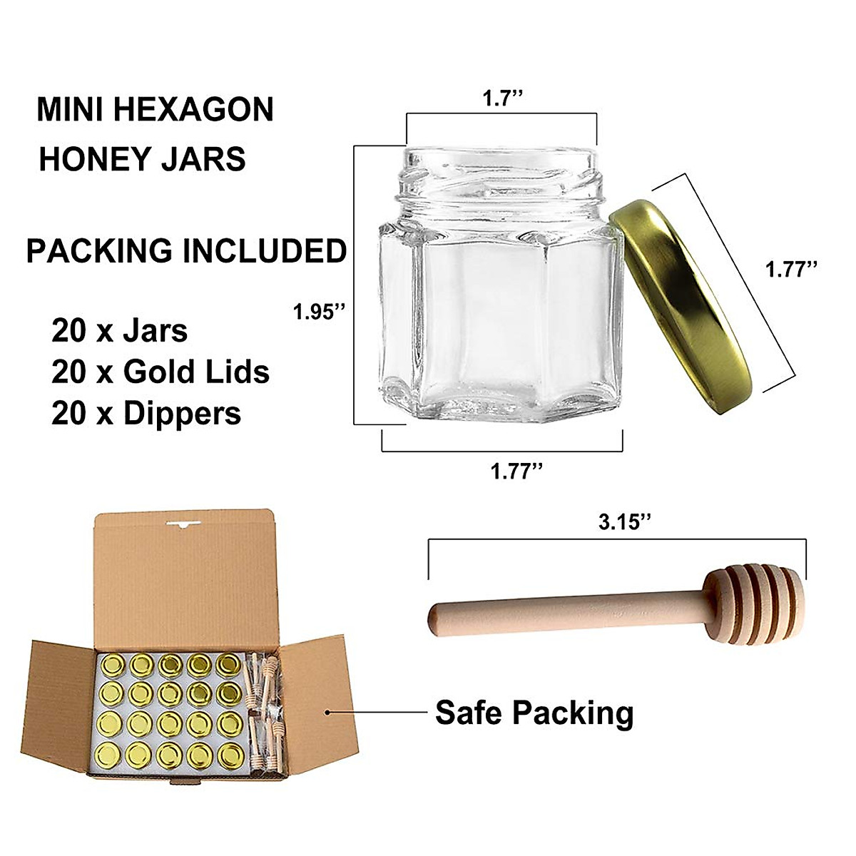 Adabocute 20 Pack Mini Honey Jars - Elegant Glass Honey Pot With Honey Dipper, Gold Lid, Bee Pendants and Jutes - Perfect For Baby Shower Favors, Wedding Favors