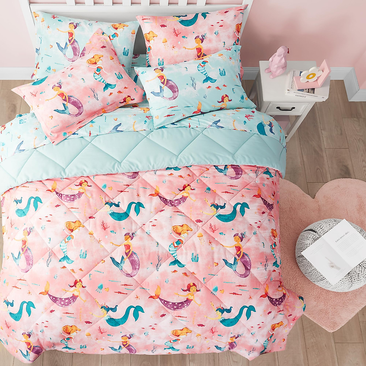 UMCHORD Pink Mermaid Kids Bedding Set for Girls, Twin Size 5 Pieces Bed in a Bag, Super Soft Lightweight Microfiber Comforter Set with Sheets, Hotel Quality Durable Children Bed Set