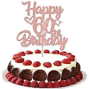 1 Pack Happy 60th Birthday Cake Topper Glitter Heart Star 60 Fabulous Cake Pick Birthday Sign Cake Decorations for Children 60th Birthday Theme Party Supplies Rose Gold