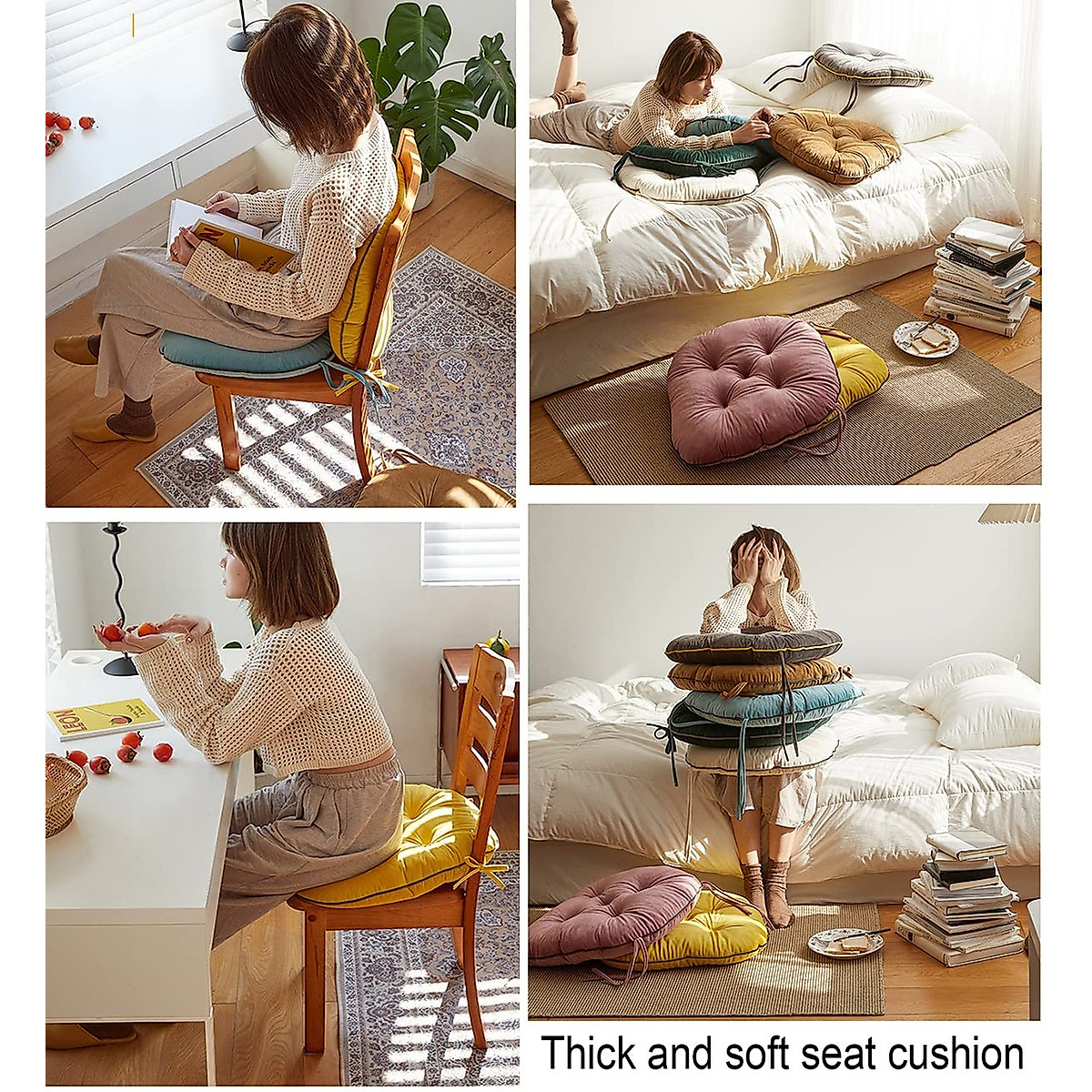 Thick Chair Pad for Dining Chairs,Soft Seat Cushion with Ties Non Slip Dining Chair Cushion, Velvet Chair Seat Cushion (Color : Khaki, Size : 38 * 40cm)