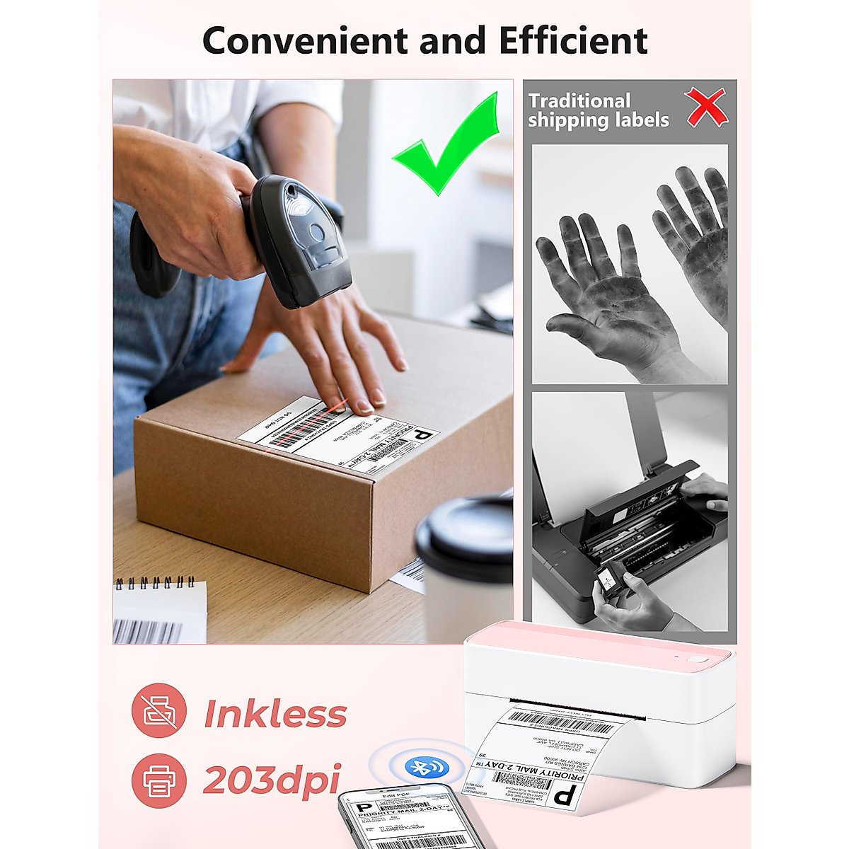 Phomemo Bluetooth Thermal Label Printer, 241BT 4X6 Wireless Shipping Label Printer for Small Business, Pink Label Printer for Shipping Package, Compatible with iPhone, Android, Amazon, Shopify, UPSP