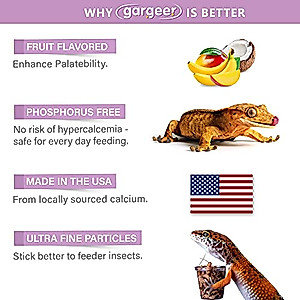 Gargeer 4oz Gecko Calcium without Vitamin D3, Phosphorus-free, Ultrafine Powder. Ready to Use Supplement for Geckos & Fruit-Eating Reptiles. Flavored with Real Organic Tropical Fruits. Made in the USA