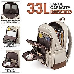 LOVEVOOK Large Travel Laptop Backpack Women,17.3 Inch Water Resistant Travel Backpack,Work Computer Back Pack for Business Daypack,Khaki