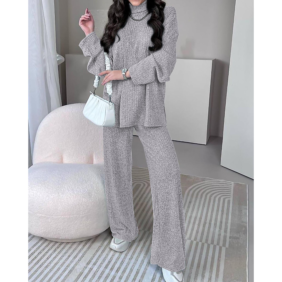 KIRUNDO Track Suits For Women Set Lounge Set Casual Long Sleeve Knitted Tops Long Pants Sweat Set Trendy Fall Clothes Casual Outfits(Grey, Small)