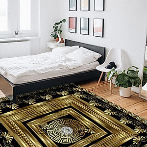 Retro Black Gold Greek Key Meander Area Rugs, 3D Geometric Gold Print Entryways Mat, Machine Washable Soft and Comfortable for Room Living Room Office Dining Indoor Outdoor Hallway, 4ft x 6ft