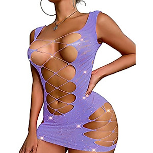 RSLOVE Womens Fishnet Lingerie Mesh Chemise Babydoll Bodysuit Lace Smock Lingerie for Women Light Purple