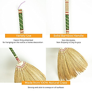 SN SKENNOVA Asian Broom for Cleaning Floor / Handheld Household Broom for Outdoor and Indoor : House Broom - Hardwood Sweeper with Brush Power and Circle Cleaning (Thai Pattern 1, Green)