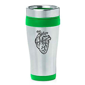 16oz Insulated Stainless Steel Travel Mug Coffee Mug Tumbler Anatomical Heart (Green)