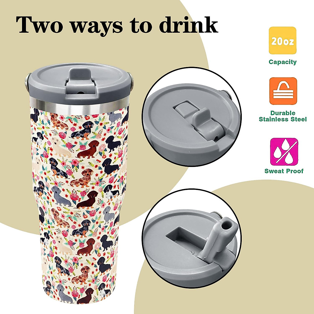 Dachshund Tumbler Gifts with Handle and Straw, Stainless Steel Vacuum Insulated Flip Straw 30 oz Dachshund Tumbler, Spill Proof Coffee Travel Mug Dachshund Lovers Gifts