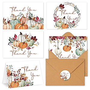 Whaline 30 Pack Fall Thank You Cards Bulk Watercolor Autumn Leaves Pumpkin Thank You Note Cards with Kraft Envelopes Stickers for Wedding Thanksgiving Harvest
