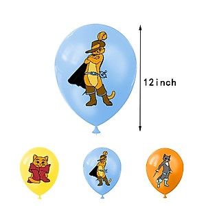 Puss In Boots Party Supplies, 1pcs Happy Birthday Photography Backdrop, 18pcs Pattern Balloons, 1 Banner, 1 Cake Topper, 12 pcs cupcake Toppers Happy Birthday Party Cute Decorations