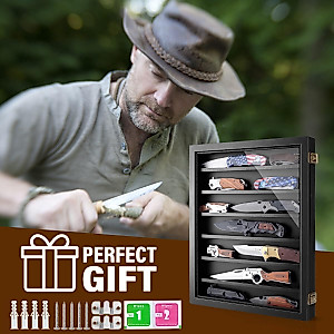 ULTRGEE Pocket Knife Display Case, Knife Collection Display Shadow Box for Wall Military Folding Knife Showcase Display Cabinet with Acrylic Panel and Removable Dual Recessed Shelves